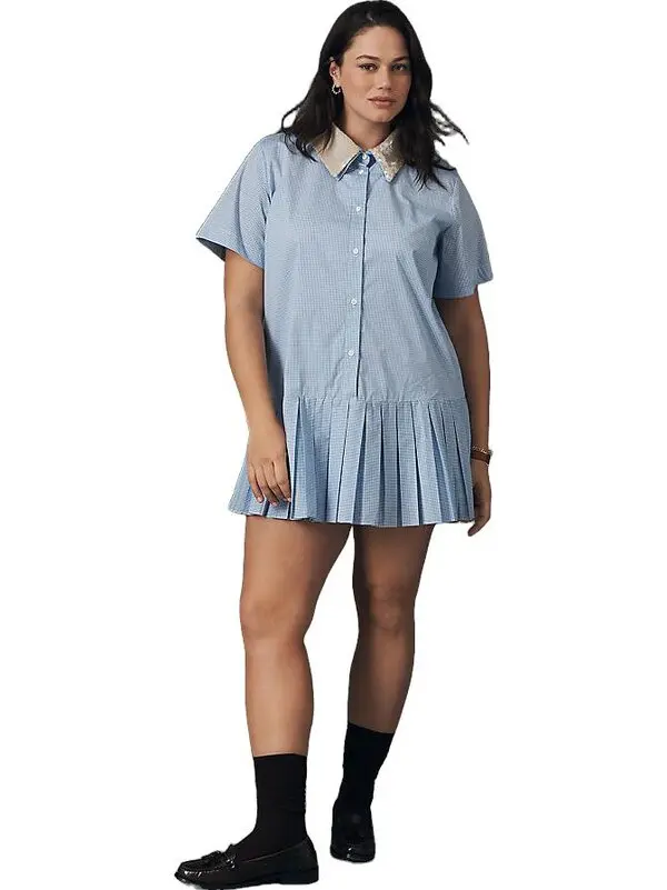 MAUDE CLUB Dalton Pleated Mini Shirt Dress - Blue Plaid
