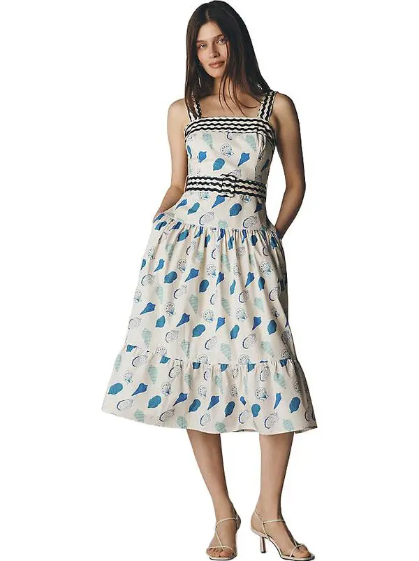 MAUDE CLUB Cotton Belted Midi Dress - Blue Shell Print
