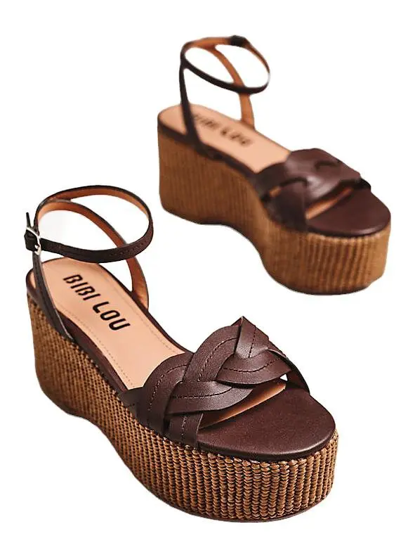 BIBI LOU Raffia Platform Heel Sandals - Dark Brown