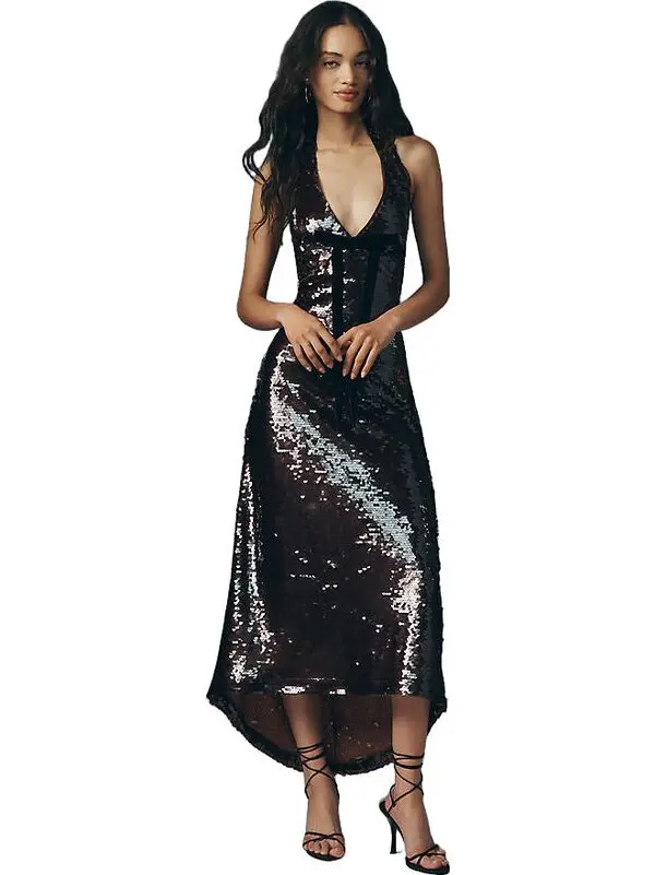 MAUDE CLUB Greta Halter Sequin Midi Dress - Brown Sequin