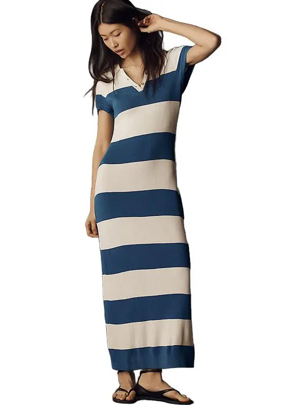 ROWING BLAZERS Striped Polo Maxi Dress - Blue / White Stripe