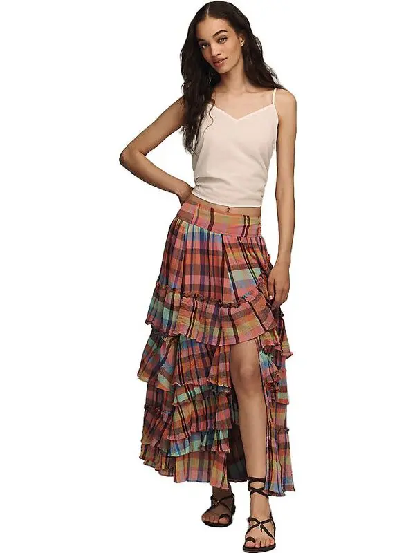 PILCRO Tiered Maxi Skirt - Rainbow Plaid