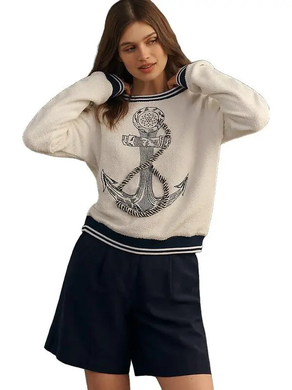 OLLARI Embroidered Anchor Nautical Sweatshirt - Ivory/navy