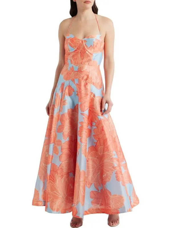 HUTCH Floral Sweetheart Neck Cocktail Dress - Sky/coral Layered Peonies