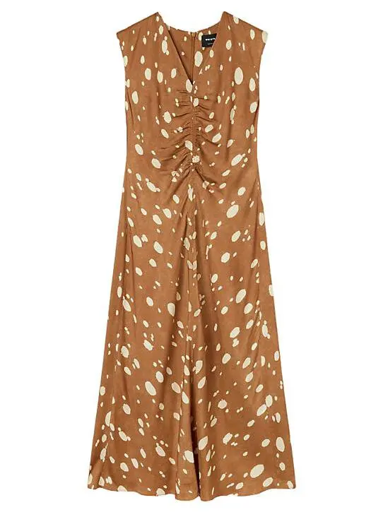 Whistles Sleeveless V-neck Midi Dress With Deer Spot Print And Ruched Front - Multi-coloured