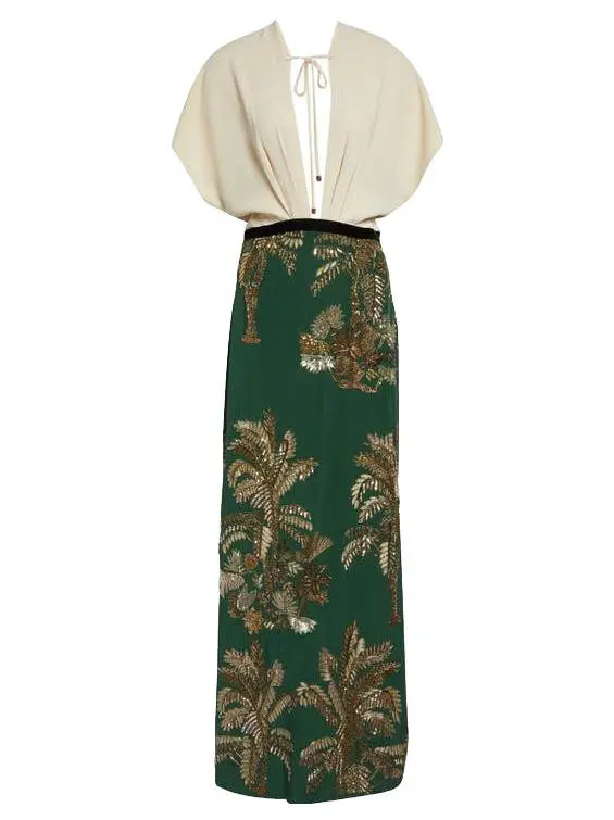 Johanna Ortiz Night Steps Plunge Neck Maxi Dress - Ecru/green