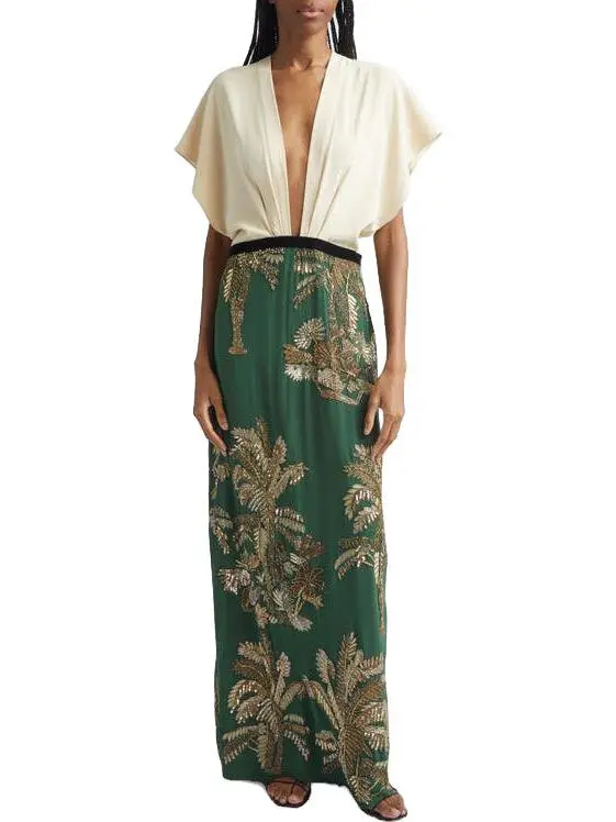 Johanna Ortiz Night Steps Plunge Neck Maxi Dress - Ecru/green