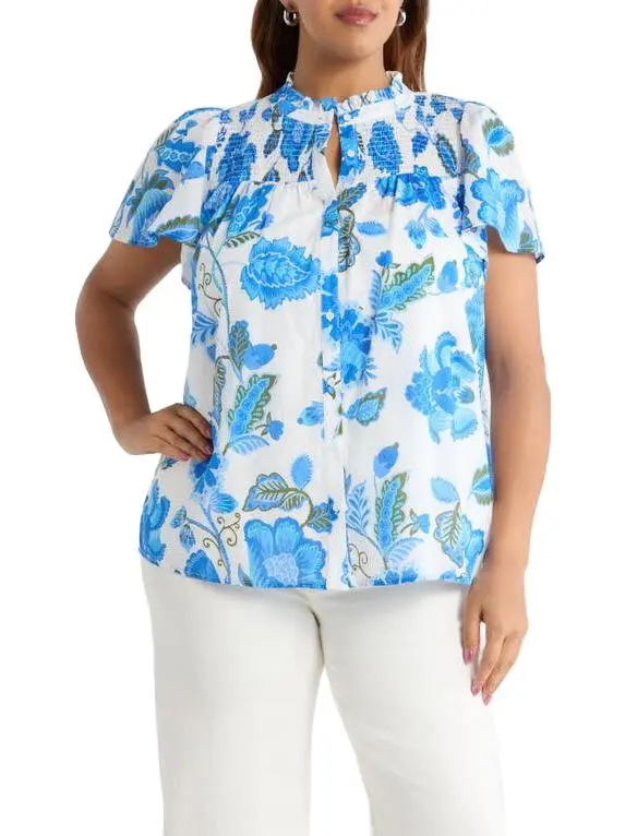 SUGARLIPS Floral Print Mock Neck Top - White-blue-green
