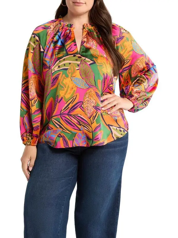 SUGARLIPS Floral Jovie Satin Split-neck Top - Orange-pink-multi