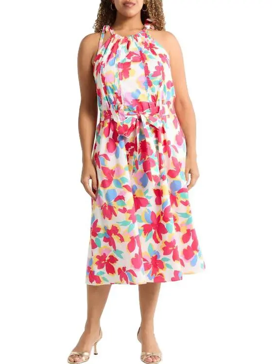 SUGARLIPS Floral Sleeveless Midi Dress With Belt - Fuchsia-multi