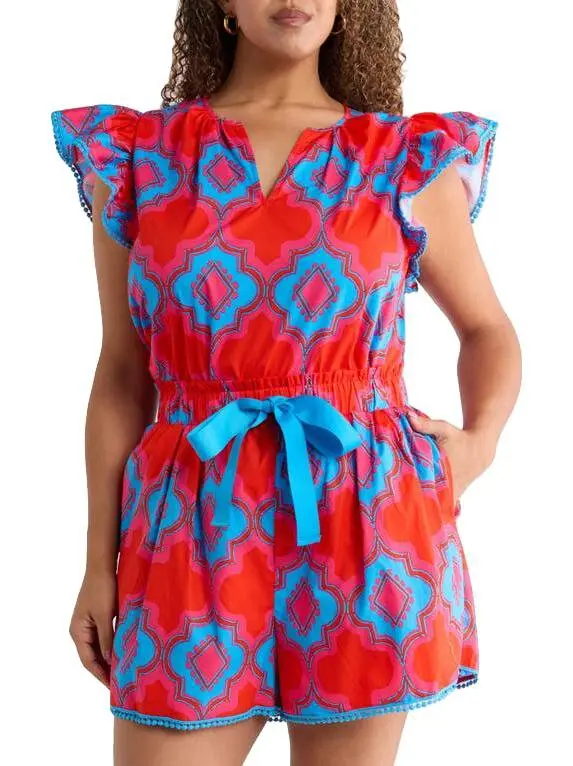 SUGARLIPS Devant Carya Ruffle Cotton Top - Red Blue