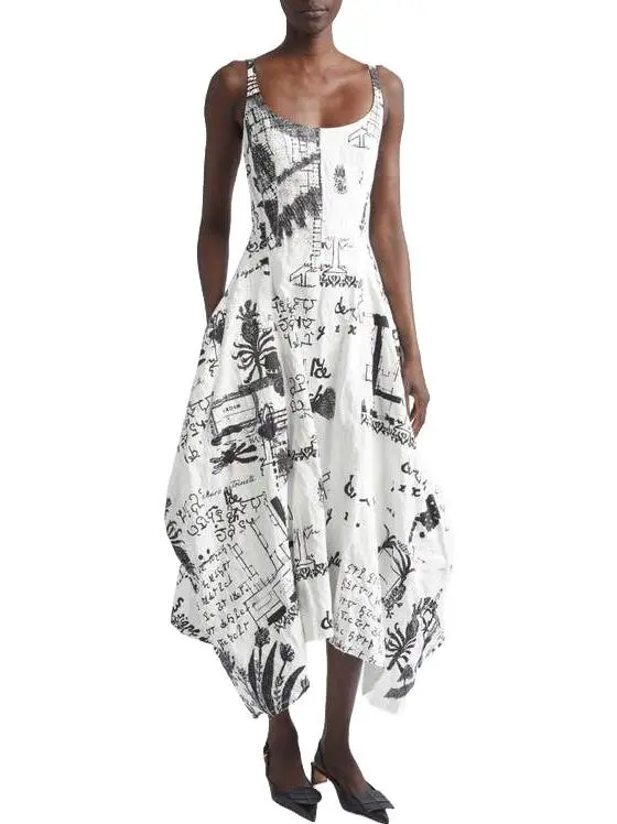 Erdem Print Crushed Cotton Blend Dress - Helene Smith Print White