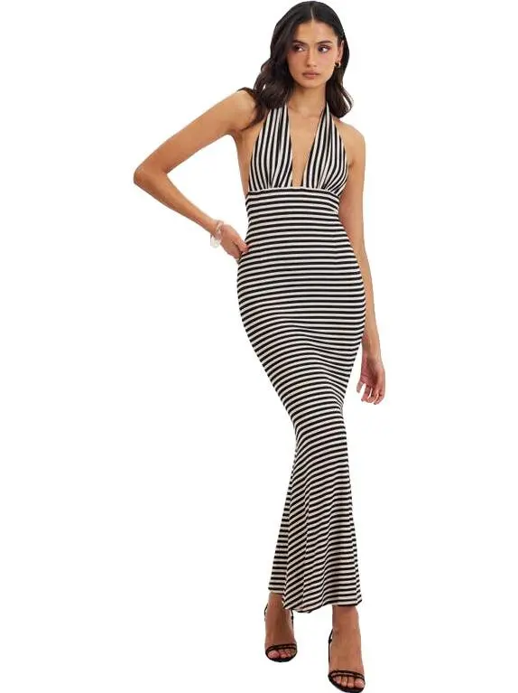 MISS CIRCLE Lyocell Jersey Striped Mermaid Maxi Dress - Almond & Black