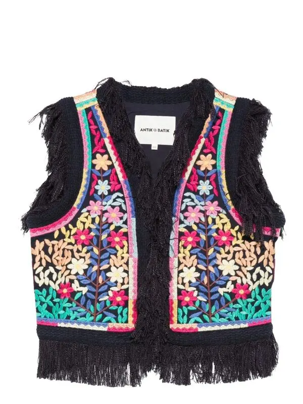 Antik Batik Floral Embroidered Vest With Fringe - Blue