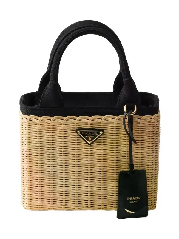 Prada Small Wicker And Canvas Tote Bag - Neutrals