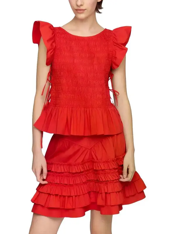 GANNI Smocked Ruffled Top - Red