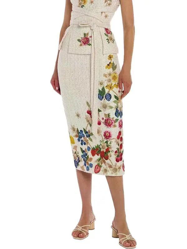 MARY KATRANTZOU Vargas Fruit-embroidered Midi Skirt - Neutrals