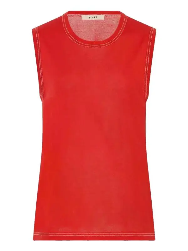 6397 Contrast Stitching Crewneck Top - Red