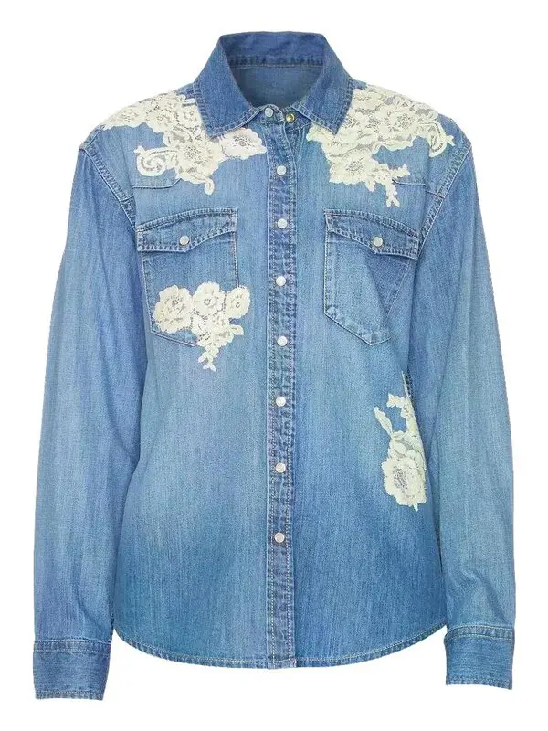 LoveShackFancy Lace-appliqué Denim Shirt - Blue