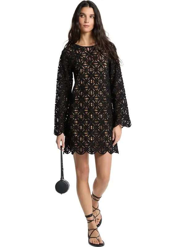 Michael Kors Beaded Floral Crochet Mini Dress - Black