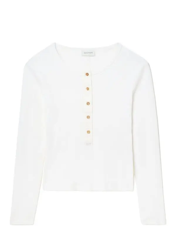 HOUSE OF DAGMAR Henley Ribbed Top - White