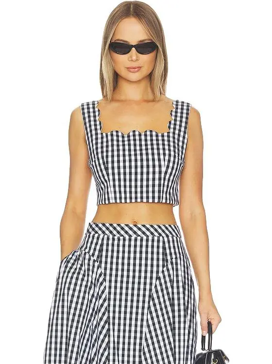 MILLY Mia Gingham Cropped Top With Scalloped Hem - Black & White