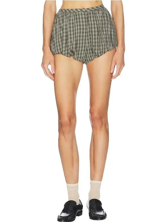 HELSA Novelty Puff Shorts - Green & Brown Plaid