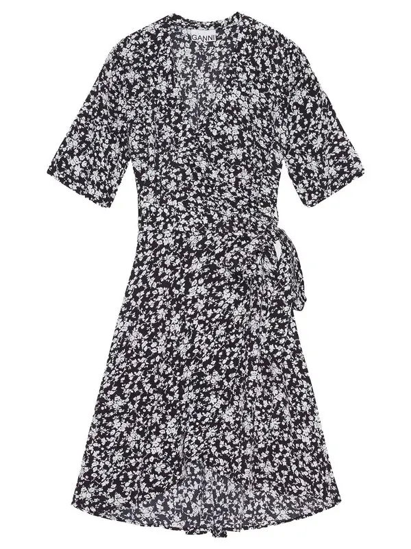 GANNI Printed Crepe Wrap Dress - Black