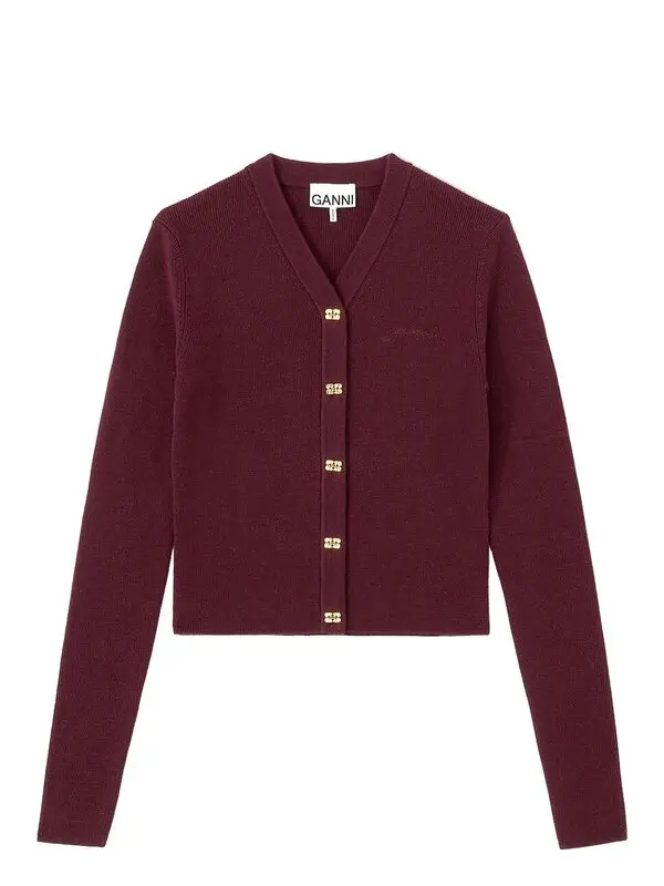 GANNI Ribbed V-neck Cardigan - Dark Red