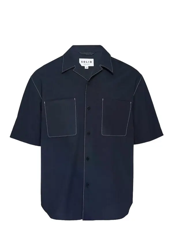 SOLID HOMME Contrast-stitch Patch-pocket Shirt - Blue