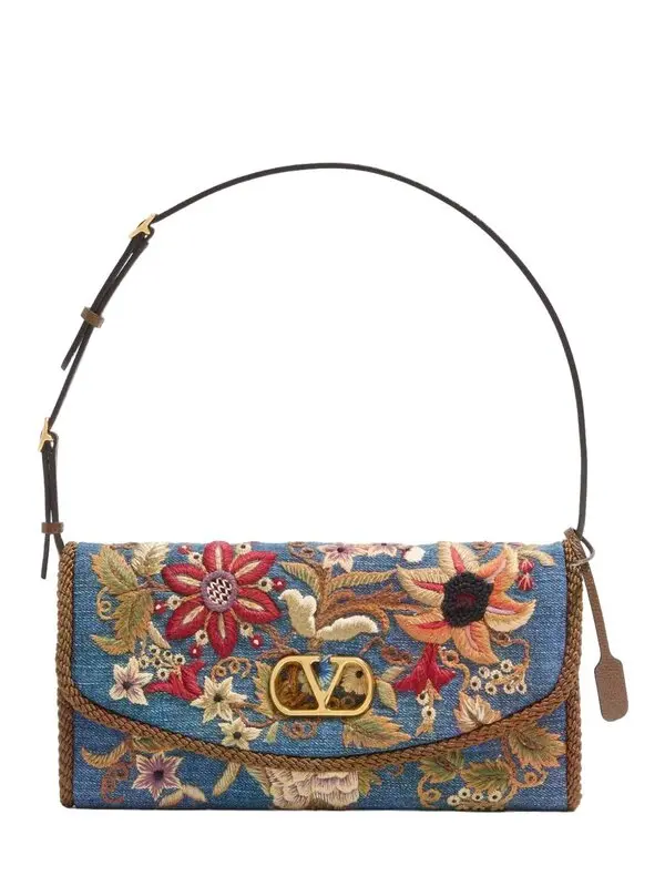Valentino Garavani Small Embroidered Denim Shoulder Bag - Blue