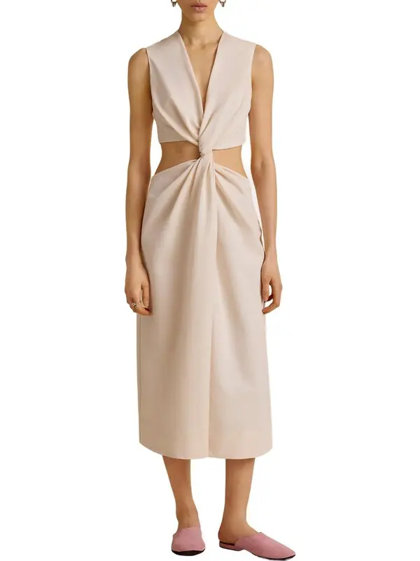 Marina Moscone Cotton Faille Cutout Twist Midi Dress - Neutral