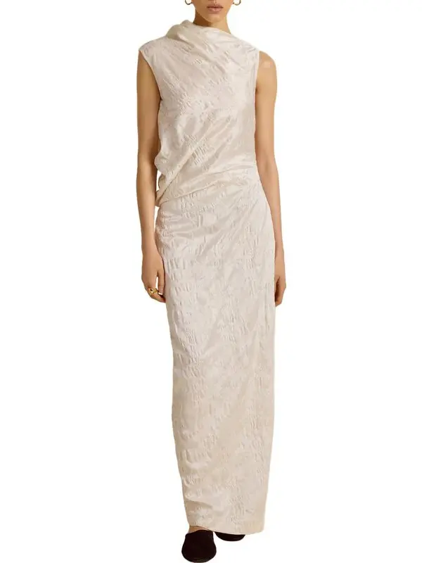 Marina Moscone Satin Jacquard Asymmetric Drape Column Dress - White