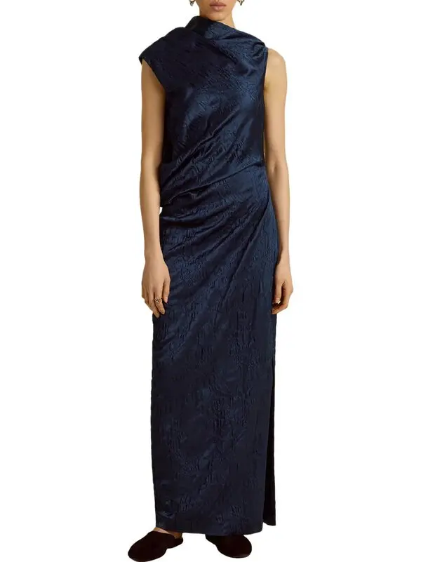 Marina Moscone Satin Jacquard Asymmetric Drape Column Dress - Blue