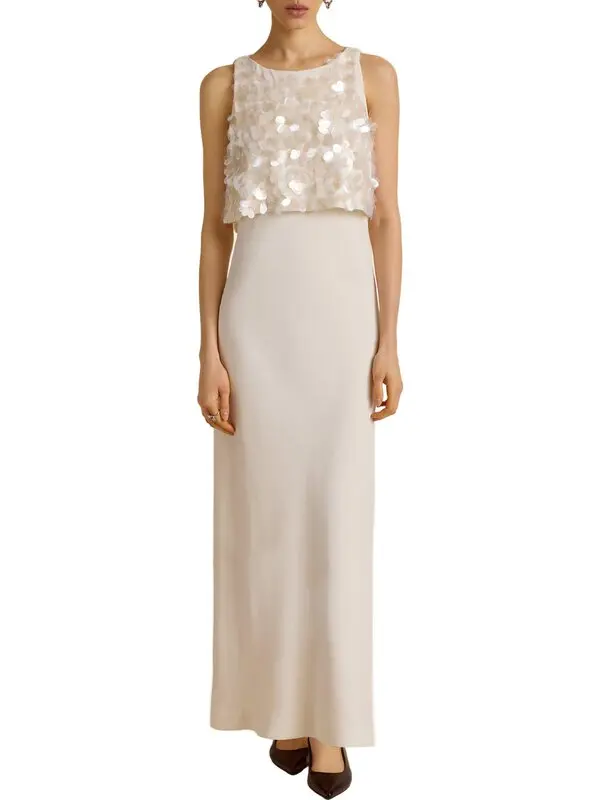 Marina Moscone Sequin Paillette Crepe Column Dress - White