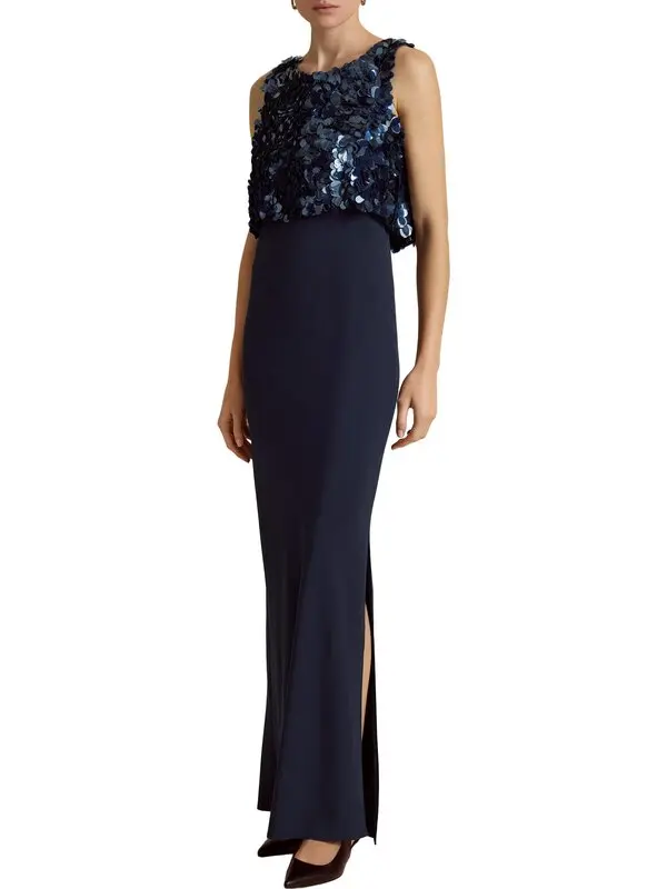Marina Moscone Sequin Paillette Crepe Bias Column Dress - Blue
