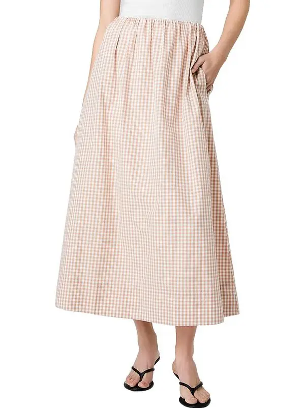 French Connection Rhodes Ruched Waist Midi Skirt - Almond Nude Petite Gingham