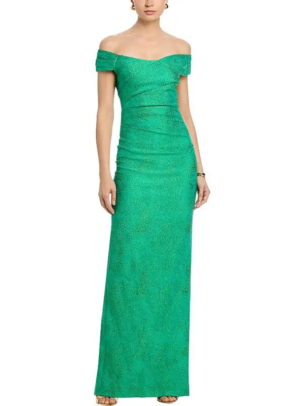 Rickie Freeman For Teri Jon Shimmer Jacquard Off Shoulder Gown - Kelly Green