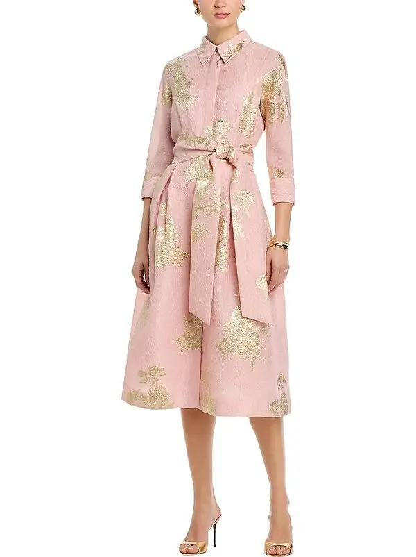 Rickie Freeman For Teri Jon Metallic Floral Jacquard Shirt Dress - Pink Gold