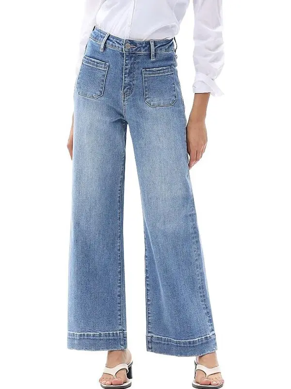 BAYEAS High-rise Wide Leg Jeans With Patch Pockets - Medium Blue