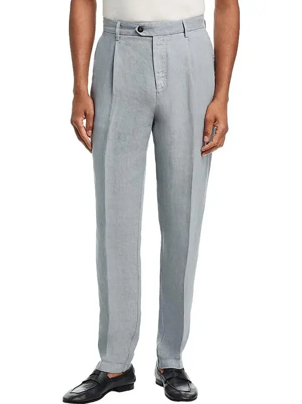 Eleventy Garment-dyed Linen Relaxed Fit Pleated Trousers - Blue/ Grey