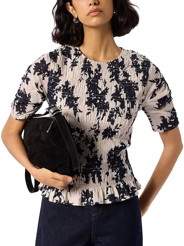 Whistles Shadow Floral Shirred Top - Ivory/multi