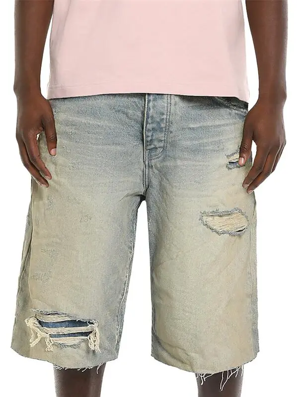 PURPLE BRAND 13.3" Destroyed Jean Shorts - Light Indigo