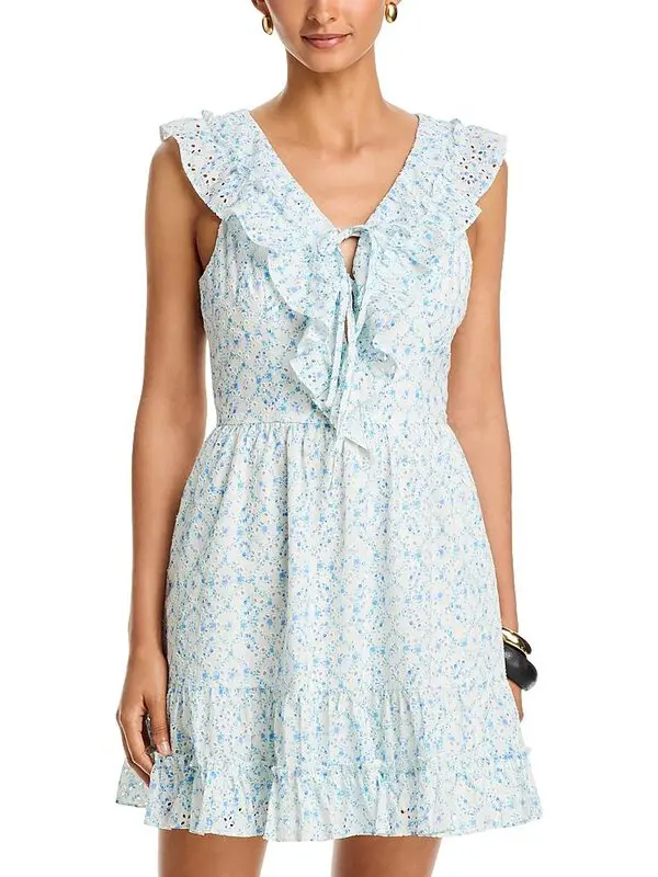 Aqua Floral Ruffle Tie Mini Dress - White/blue