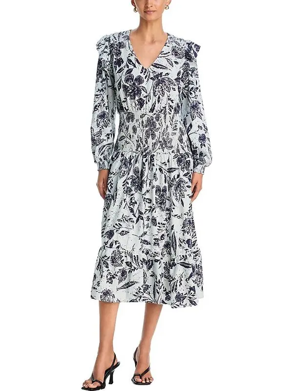 Aqua Long Sleeve V-neck Midi Dress - Blue Multi