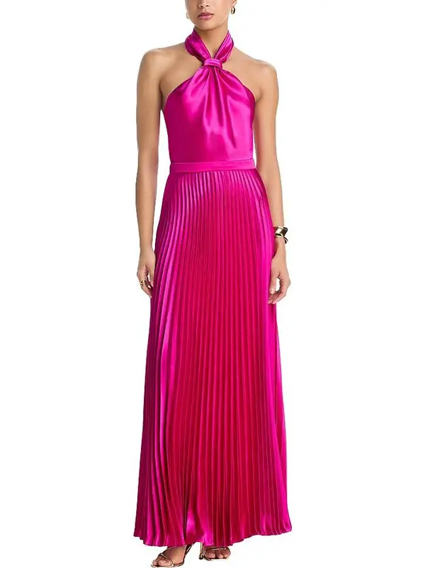 Aqua Knot Neck Charmeuse Gown - Fushia
