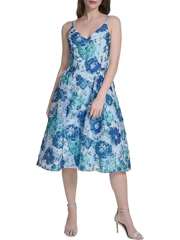 Eliza J Jacquard V-neck Dress - Blue Multi