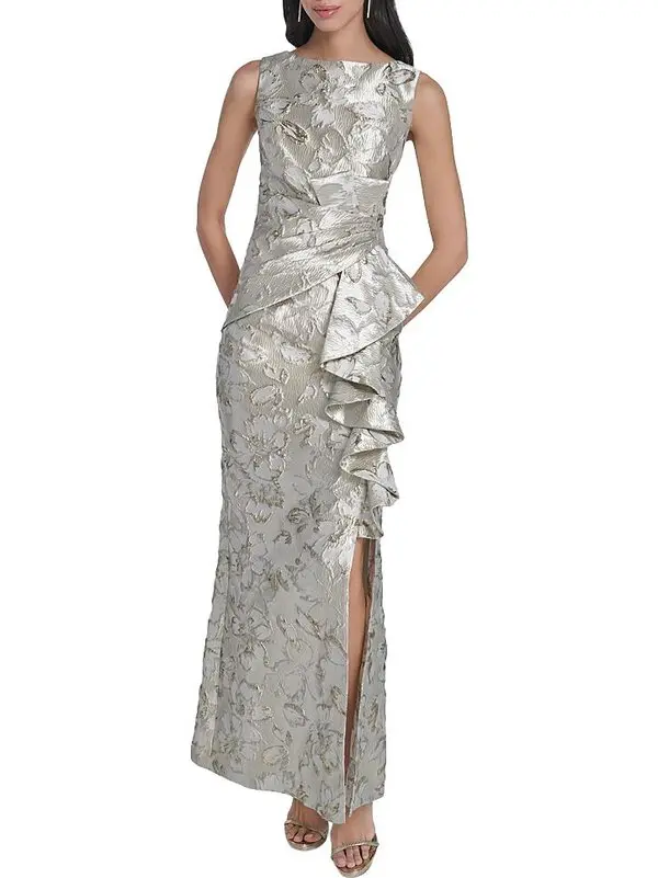 Eliza J Metallic Jacquard Ruffled Gown - Champagne