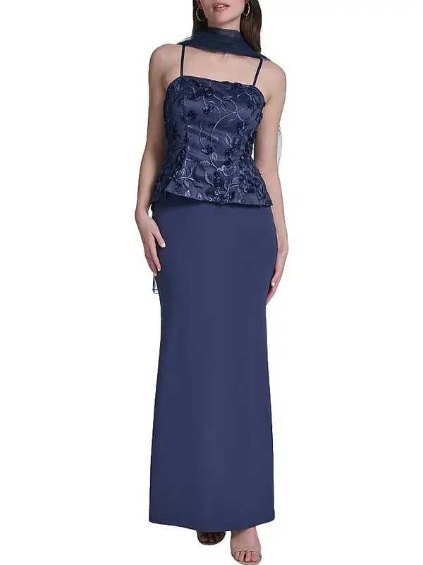 Eliza J Overlay Embroidered Gown With Scarf - Navy