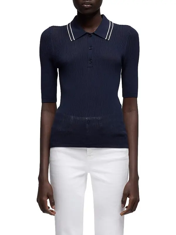 7 For All Mankind Piped Collar Short Sleeve Polo Sweater - Viscose Blend Navy